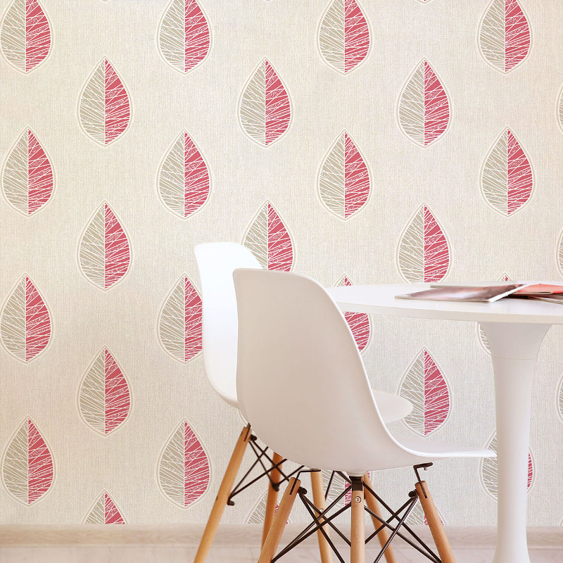 Scandi Leaf Red/Natural Glitter Wallpaper - Crown Wallpaper